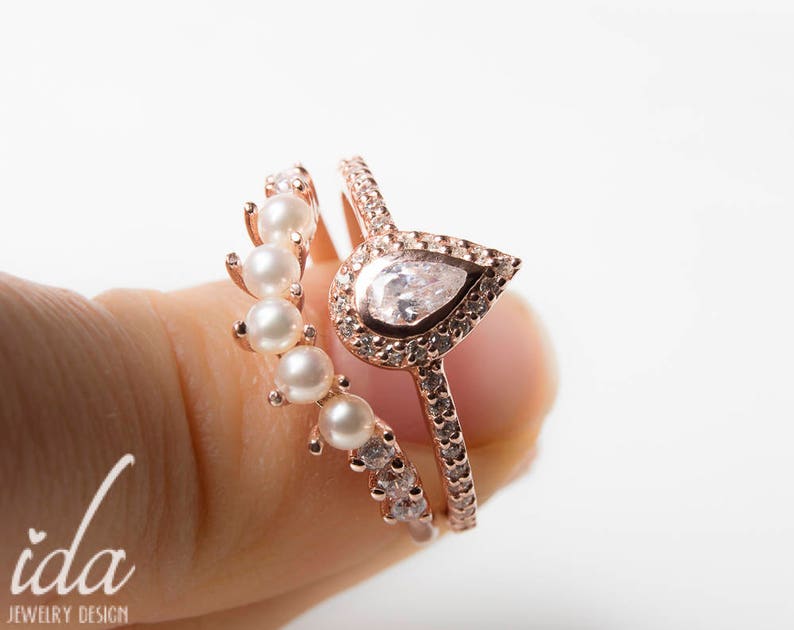Wedding Ring Set Wedding Band Pearl Ring Pear Shaped - Etsy