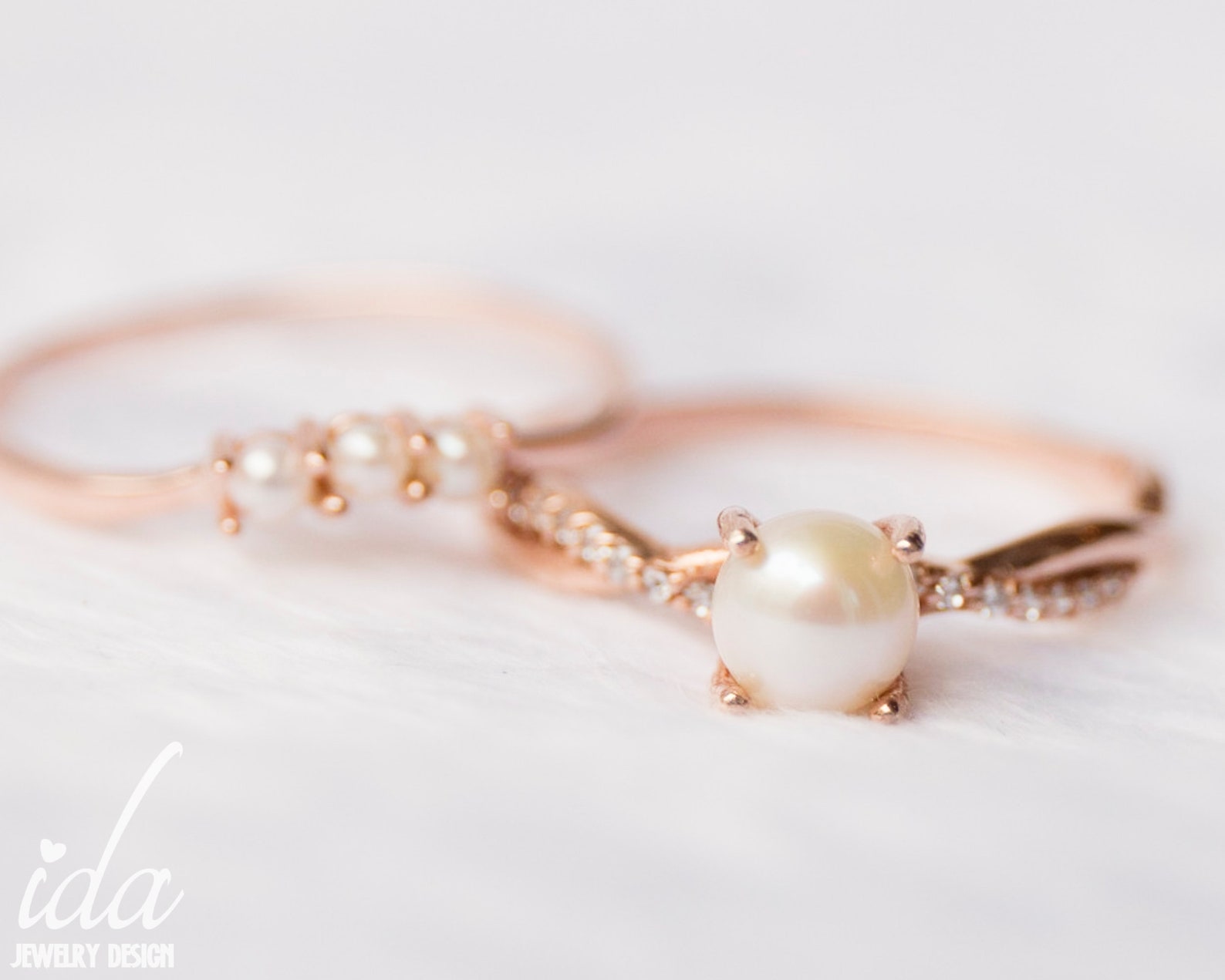 14k Rose Gold Pearl Engagement Ring Set, Pearl Ring, Wedding Band ...