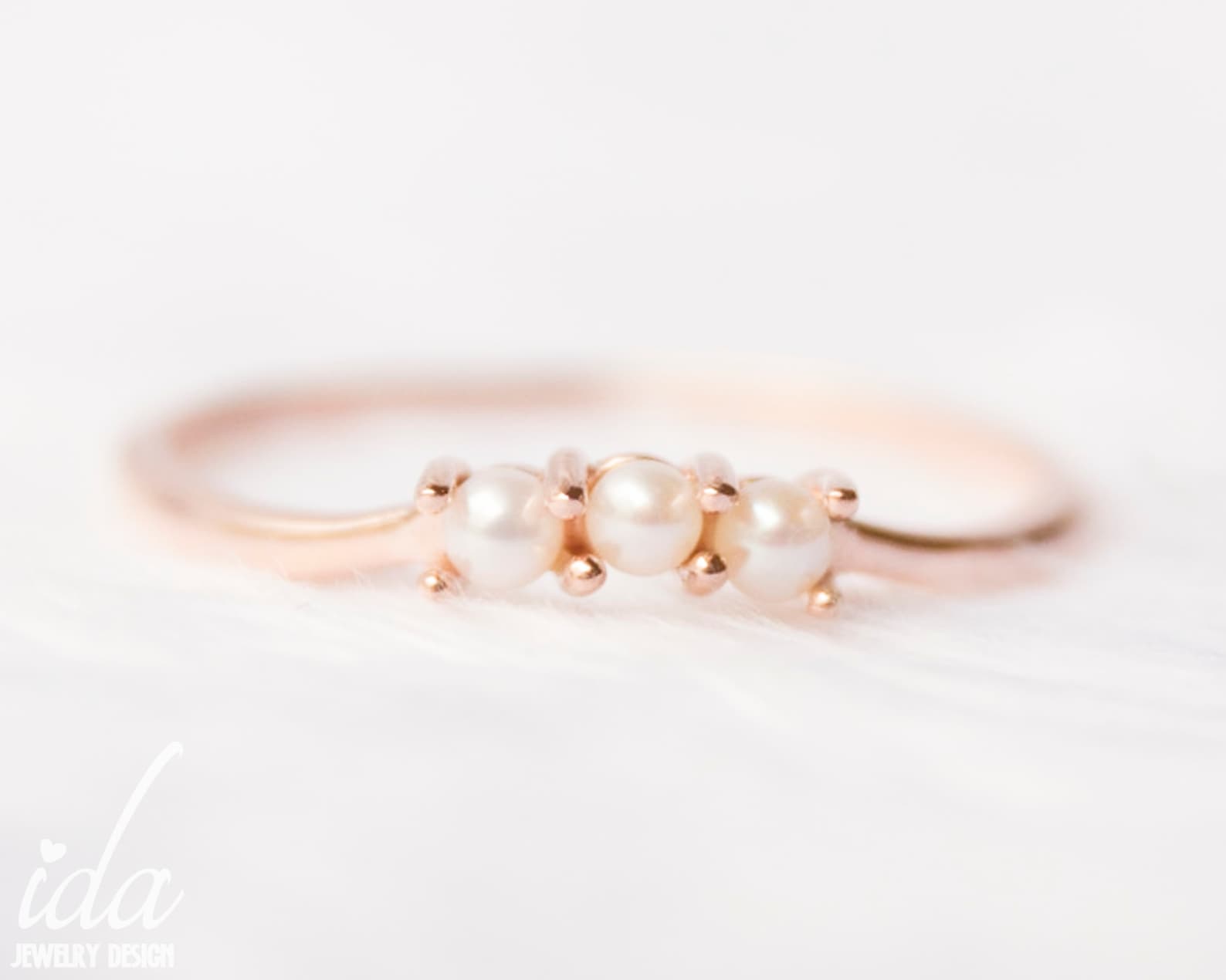 14k Rose Gold Pearl Wedding Ring, Pearl Ring, Wedding Band, Minimalist ...