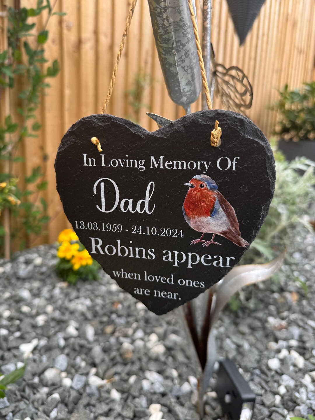 Personalised Robin Heart Memorial Slate Plaque: Garden, Grave Hanging ...