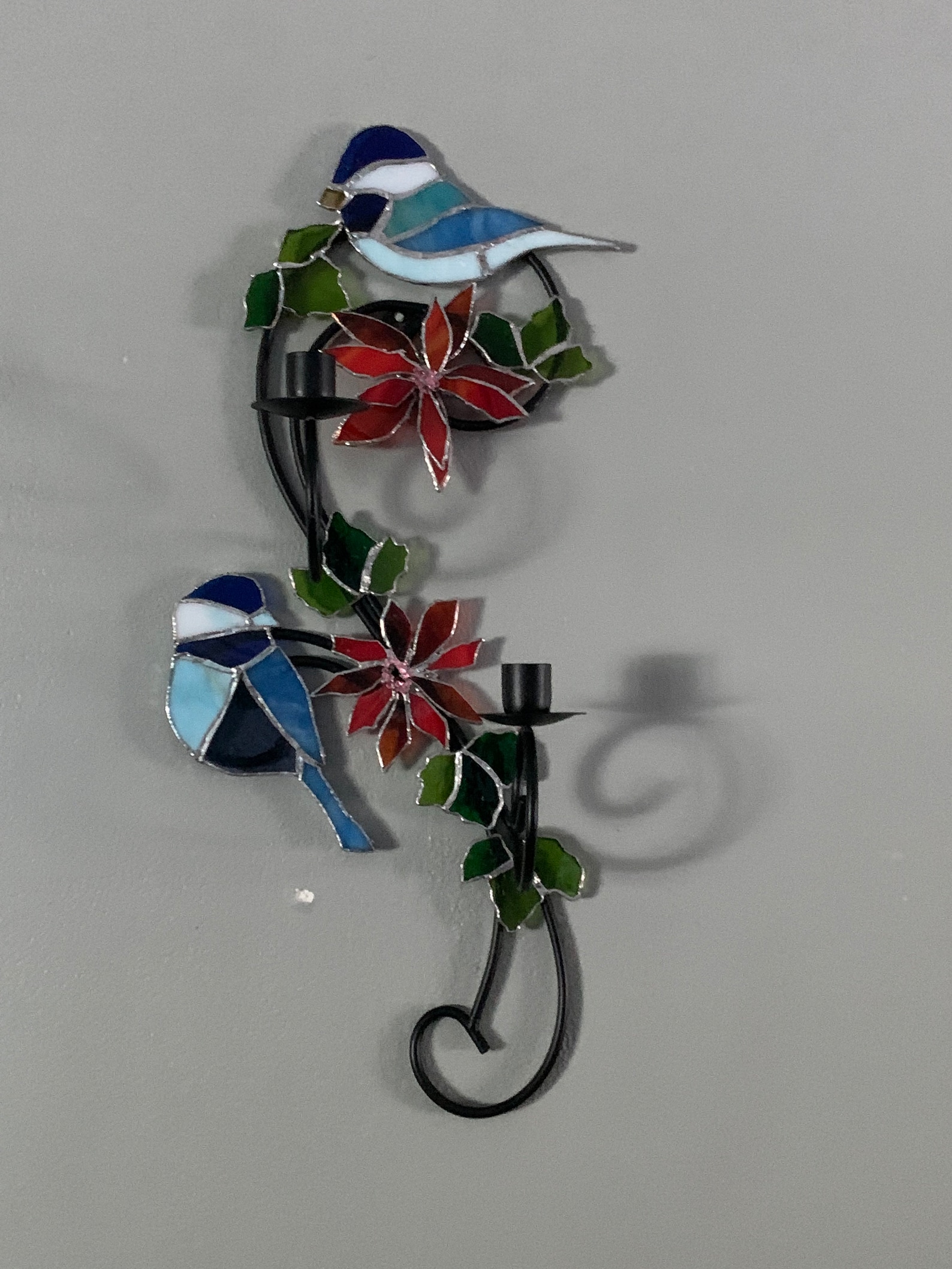 Stained Glass Chickadees in Christmas /poinsettia Flowers 19 x 8 - Etsy