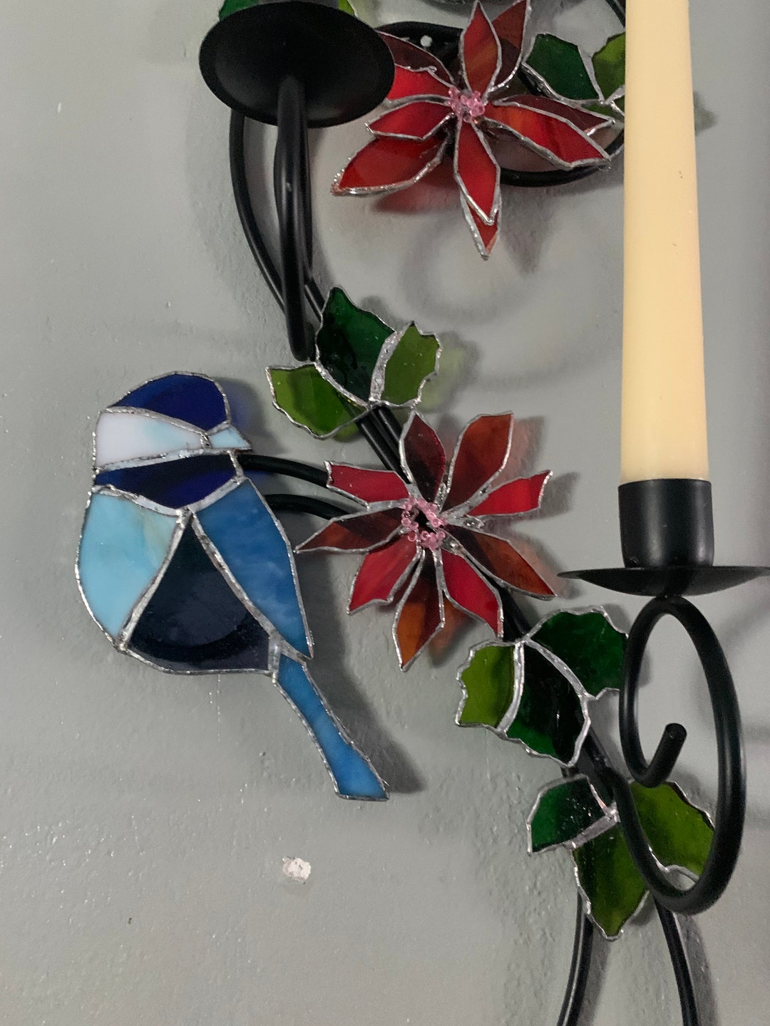 Stained Glass Chickadees in Christmas /poinsettia Flowers 19 x 8 - Etsy