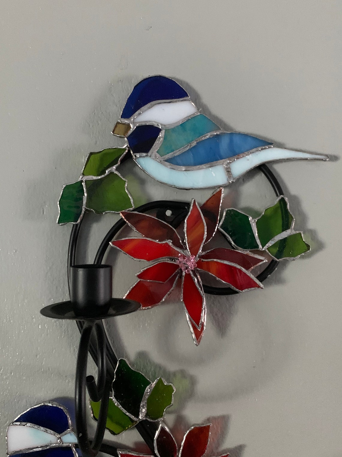 Stained Glass Chickadees in Christmas /poinsettia Flowers 19 x 8 - Etsy