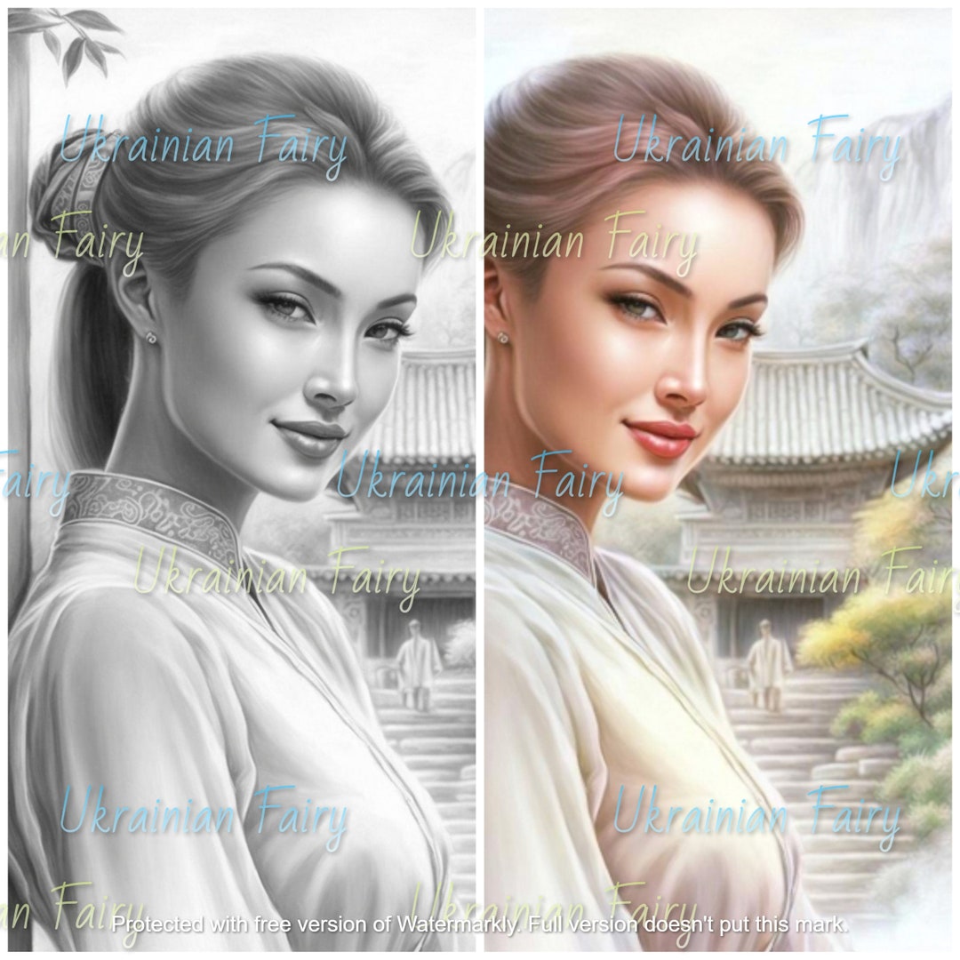Beautiful Asian Women Coloring Page, Asian Landscape Greyscale ...