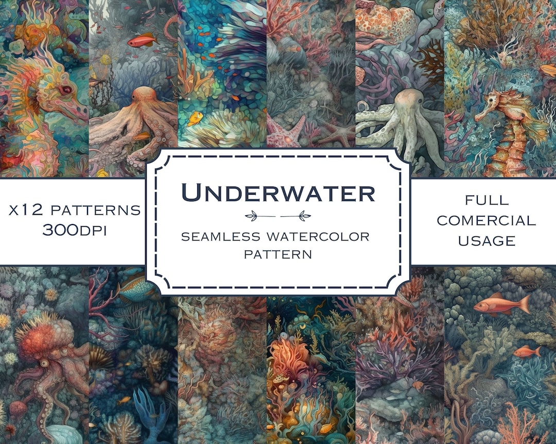 Underwater Seamless Pattern Bundle, 10 Watercolor Coral Reef Patterns ...