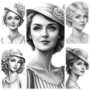 1920 Gatsby Girls Coloring Page for Adults, Beautiful Vintage Girls ...