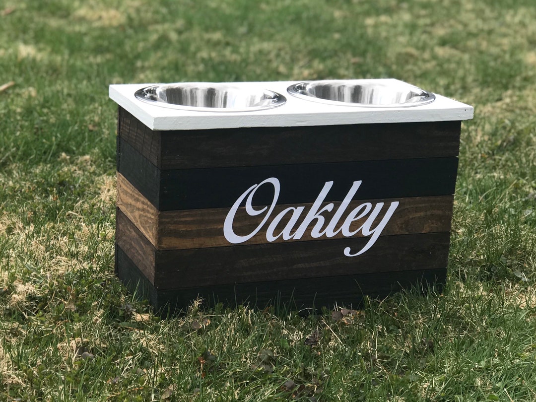 Personalized Feeding Dog Stand Brown Striped White Lid Small, Medium ...