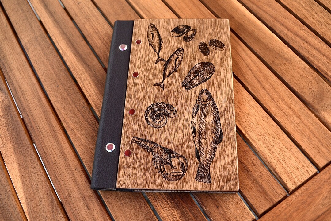 Refillable Custom Recipe Book Fish Chef, Wood and Leather Recipe Book ...