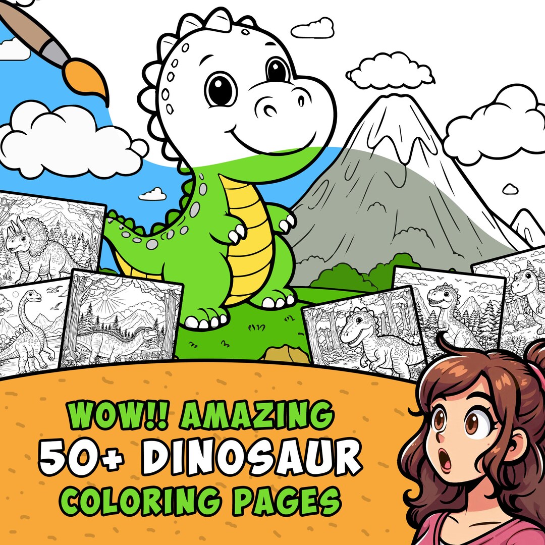 Set of 50 Dinosaur Coloring Pages for Children or Adults, Creative ...