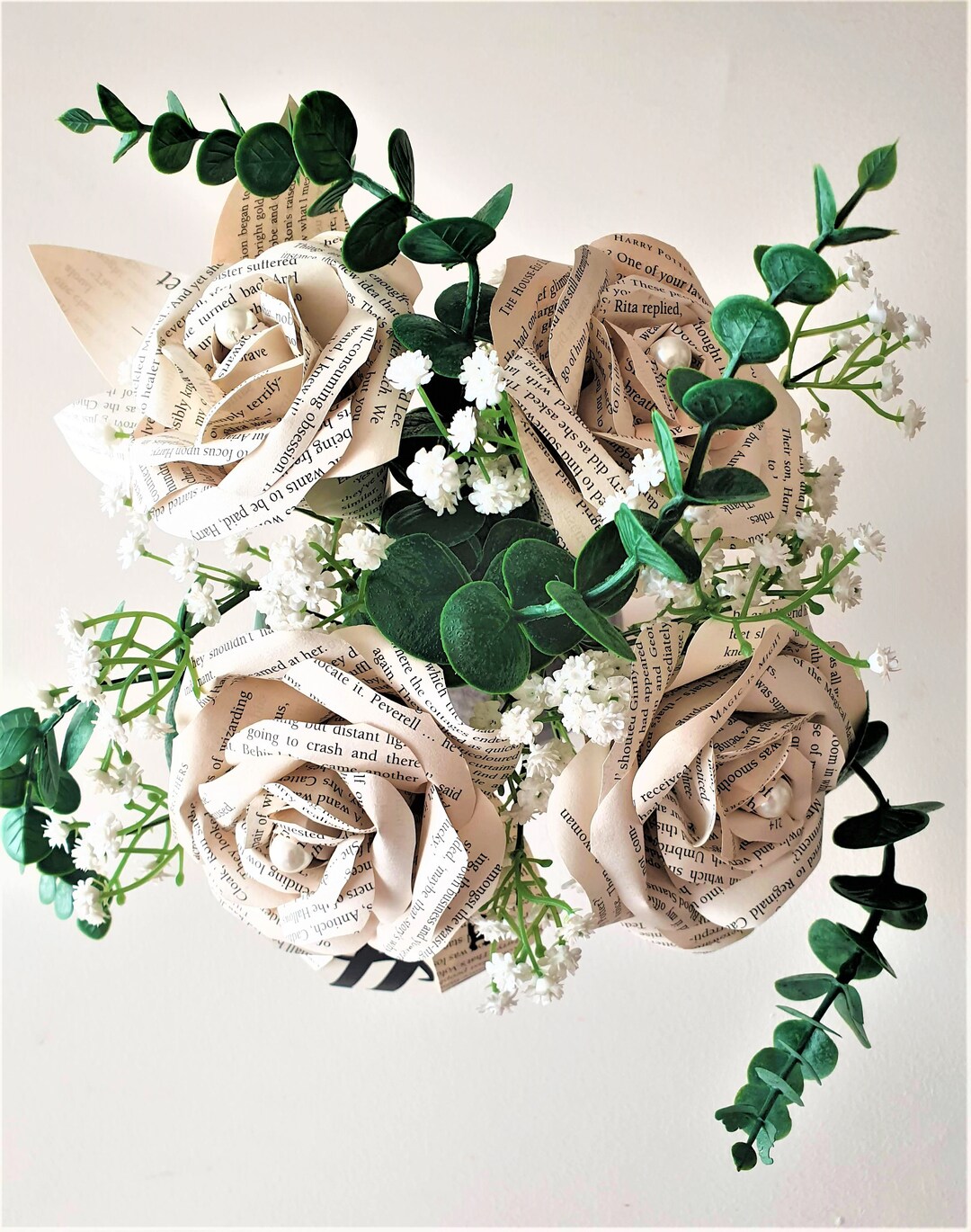 Book Paper Flowers Bouquet Decorated With Artificial Eucalyptus Leaves ...