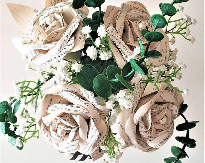 Book Paper Flowers Bouquet Decorated With Artificial Eucalyptus Leaves ...