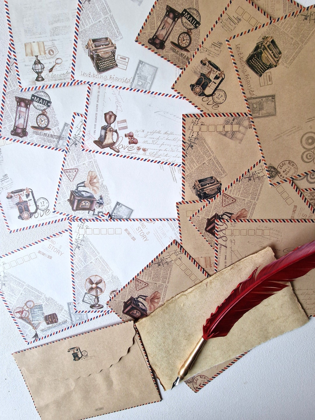 SET of 10 ENVELOPES, Various Prints, Travel Envelopes, Vintage Retro ...