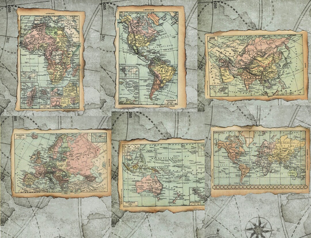 Vintage World Maps Printable, Digital Kit of 6 A4 Printable, Vintage ...