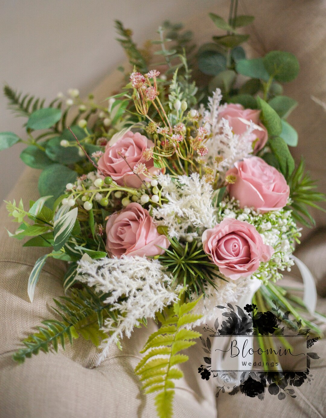 Dusky Pink Bridal Bouquet, Pink Roses Eucalyptus & Pampas, Boho Wedding ...