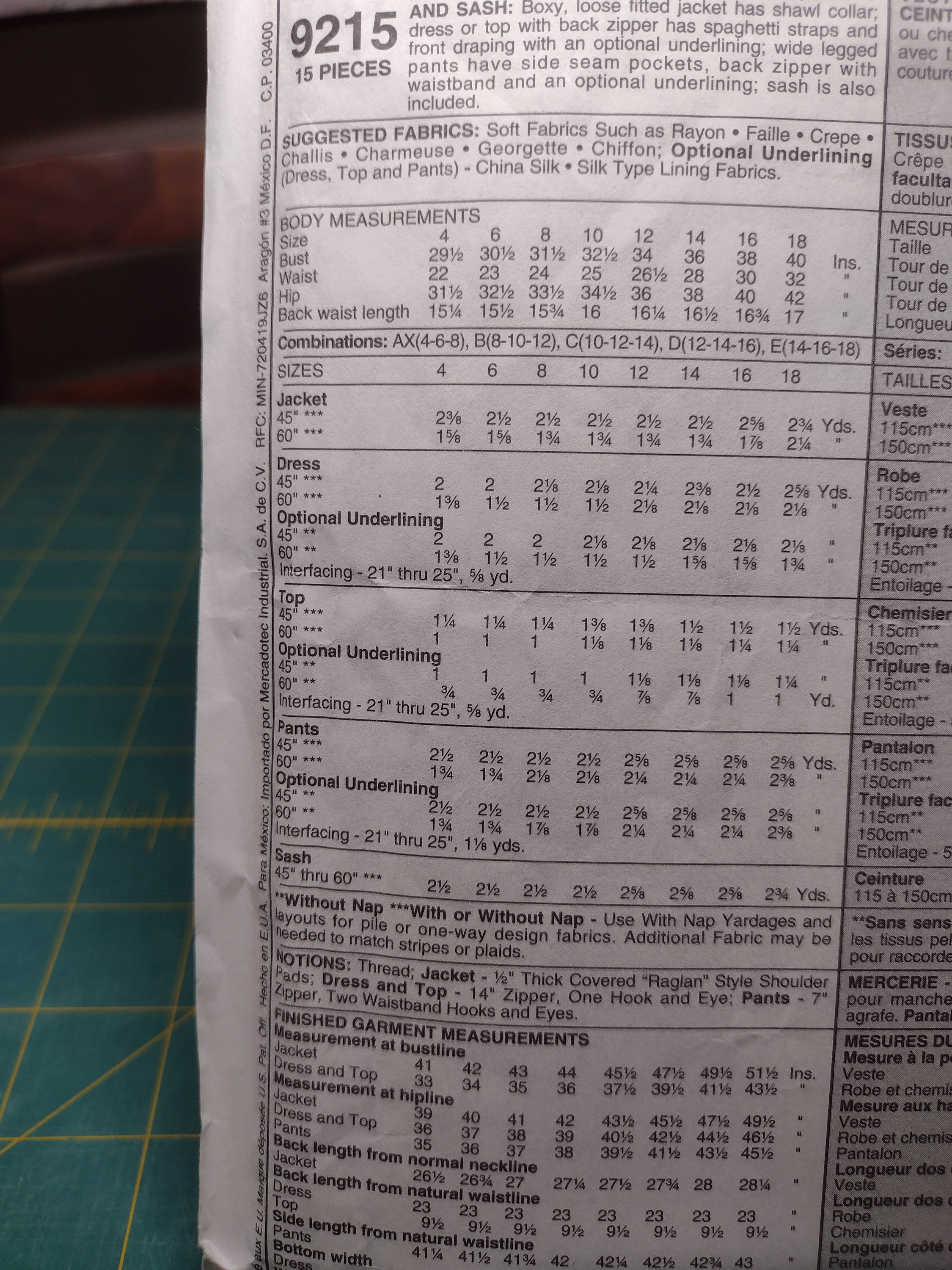 Mccall's 9215 Pattern NYNY Collection Misses Unlined Jacket Dress Top ...