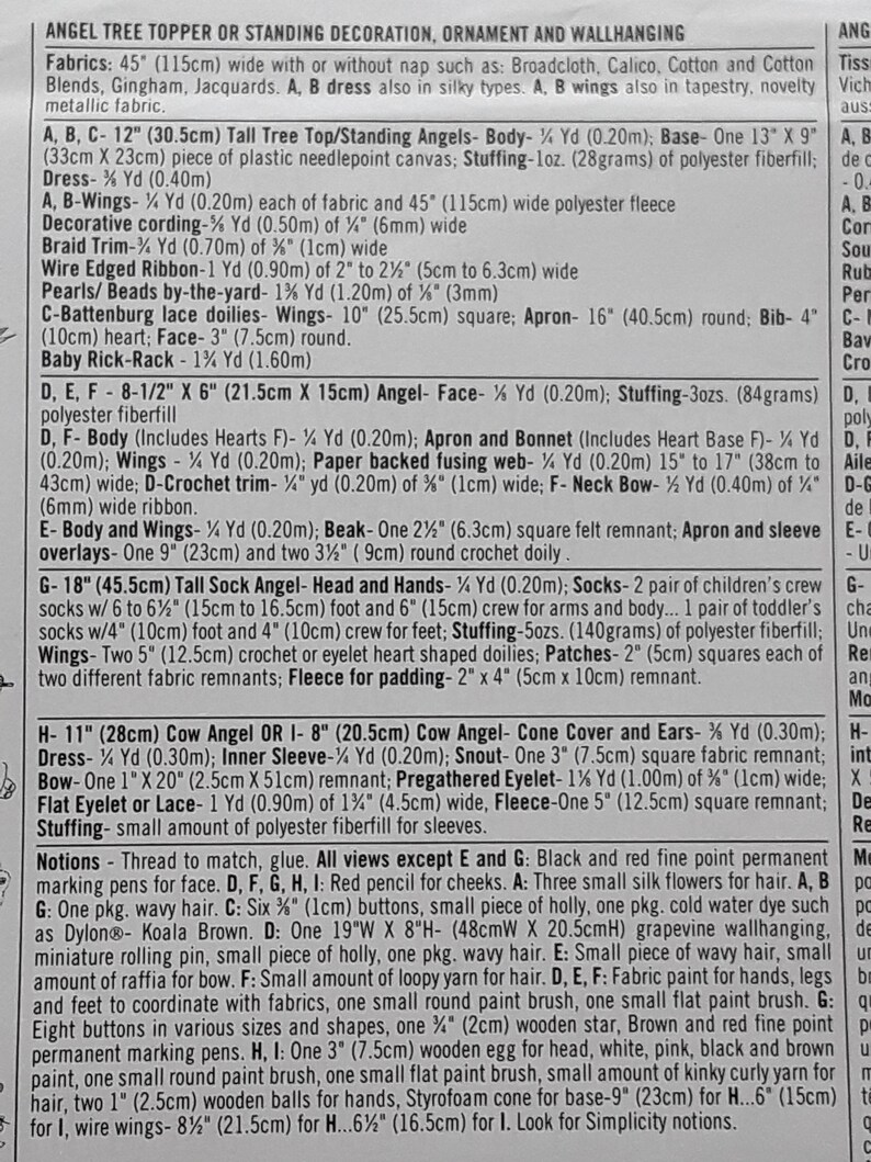 Simplicity 9641 Crafts Pattern Angel Tree Topper or Standing - Etsy