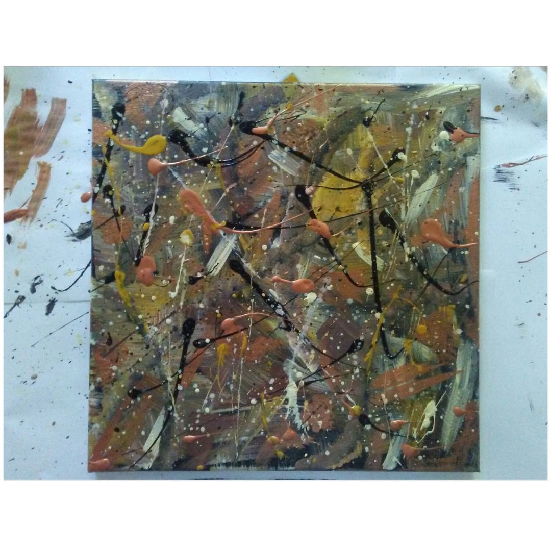 Original Bronze Splatter Abstract Painting: 12"x12" Acrylic Canvas Art ...