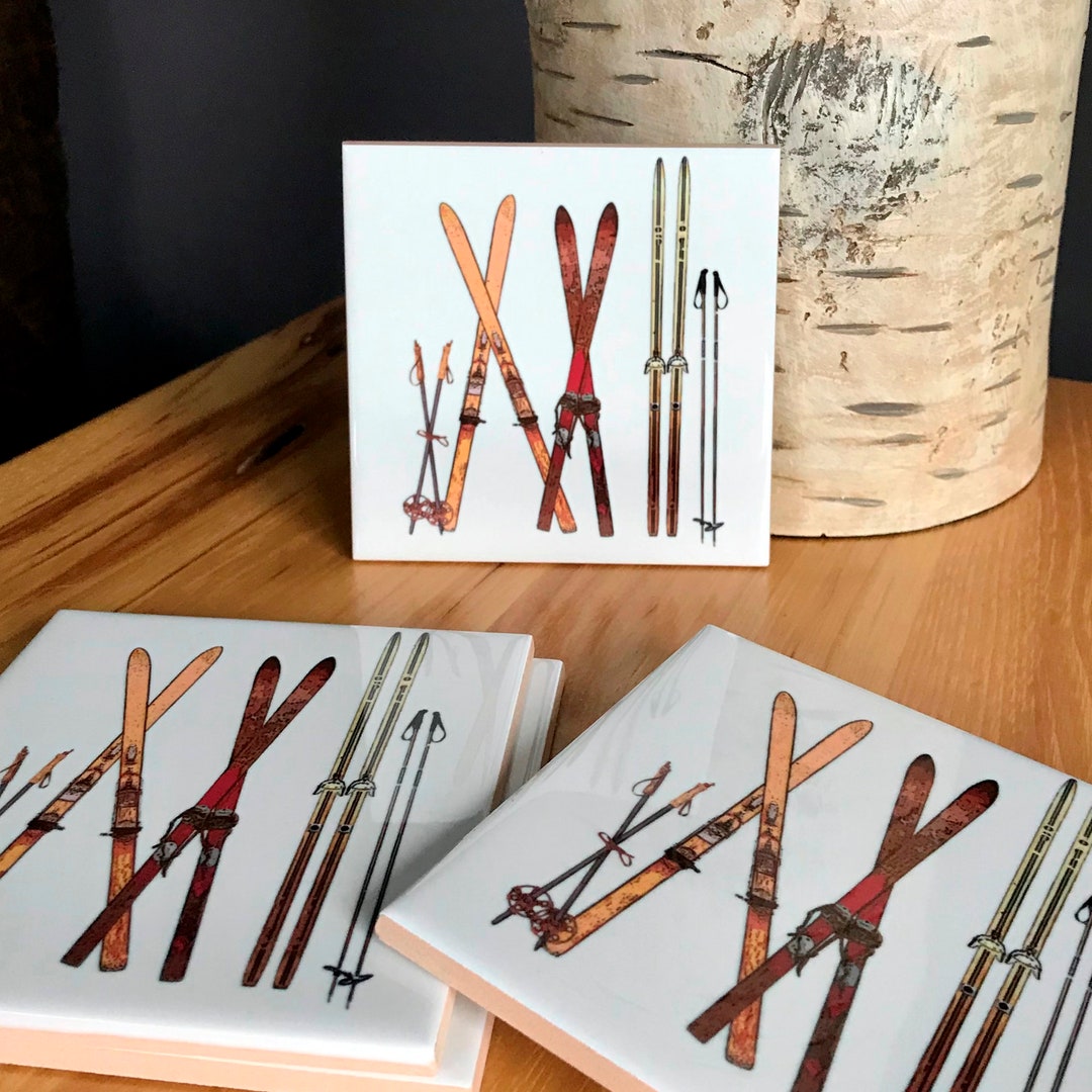 Vintage Downhill & Cross Country Ski Ceramic Coaster, Decorative Tile ...