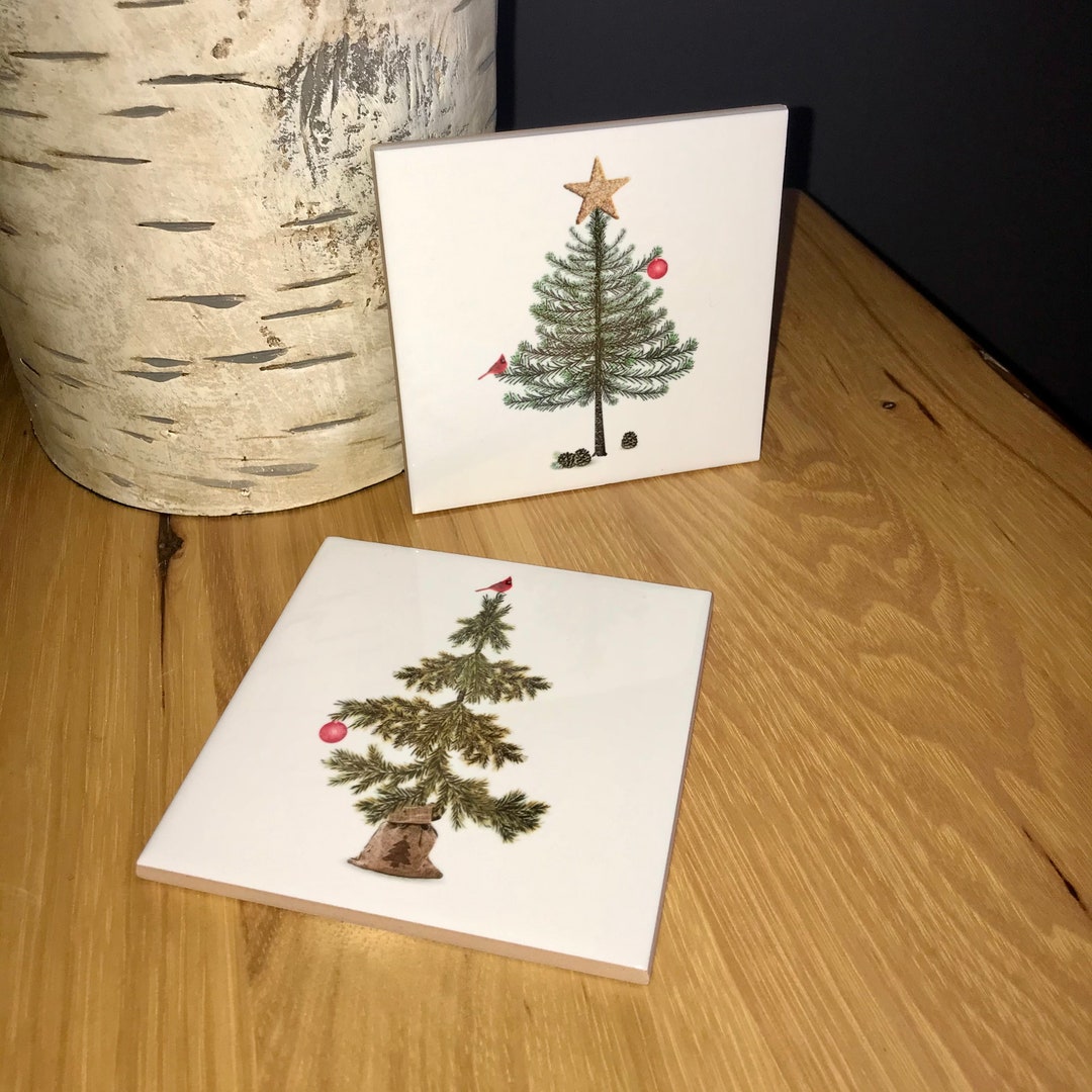 Custom Designed, Christmas Tree Ceramic Tile Coasters, 4" X 4" With ...
