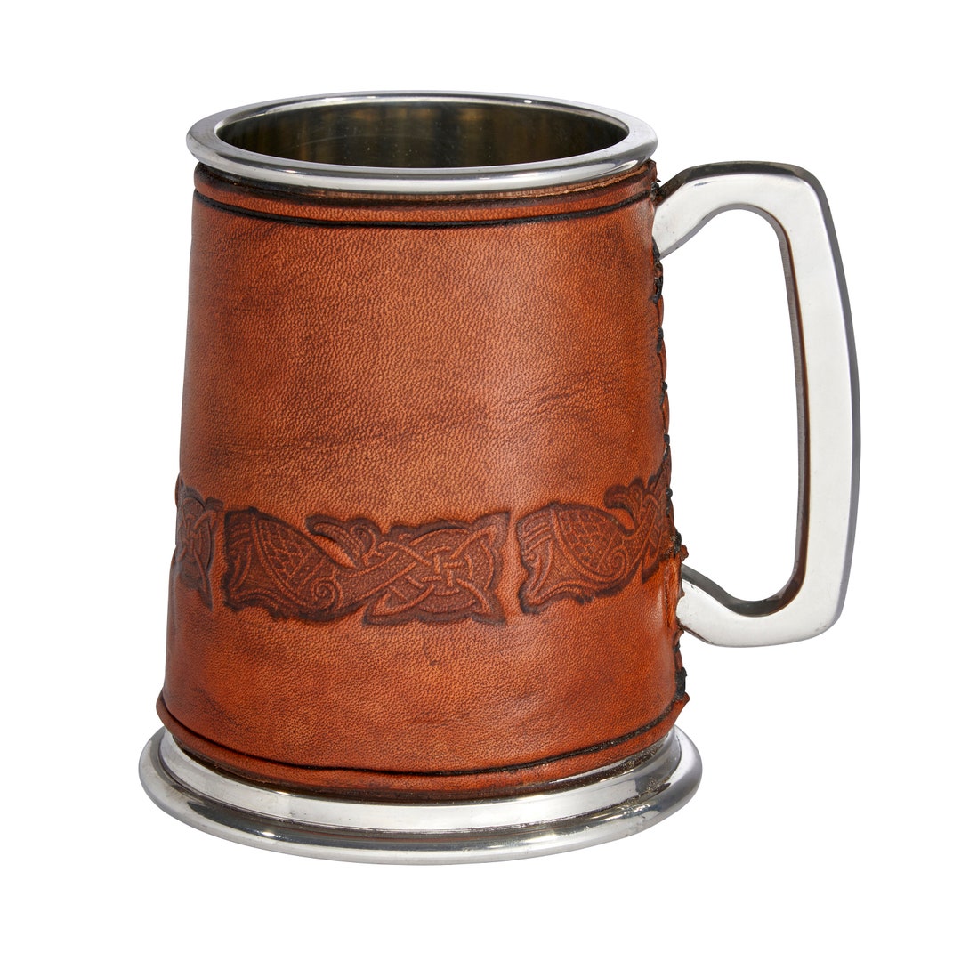 Leather Celtic Embossed and Pewter Tankard, Hand Wrapped Beer Mug Stein ...