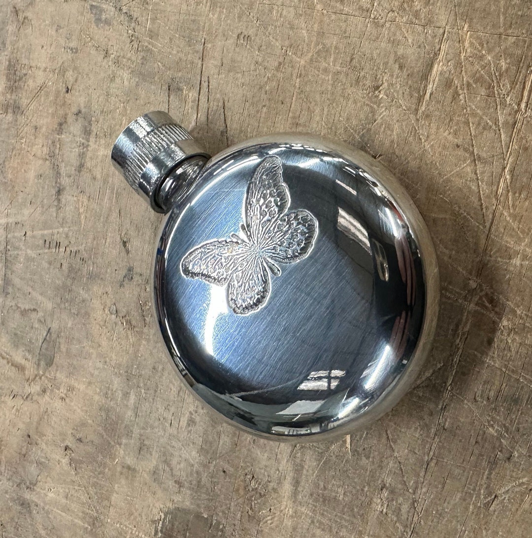 Mini Round 2oz Pewter Flask - Butterfly Design - Etsy