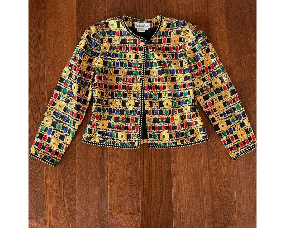 90s Cropped Jacket | Gold Chain Print Jacket | Vintage Striped Jacket ...