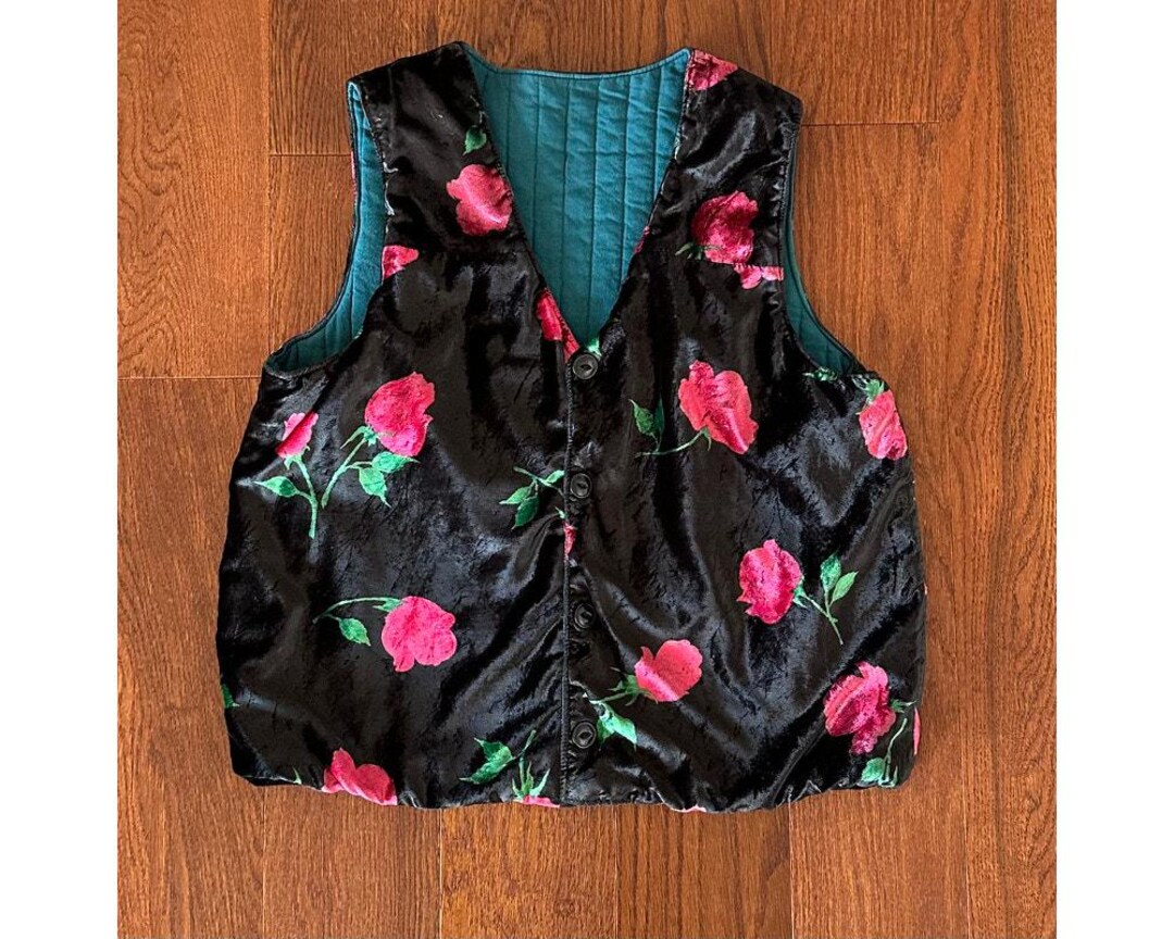 Vintage Vest | 90s Vest | Velvet Floral Rose Print Vest | Vintage ...