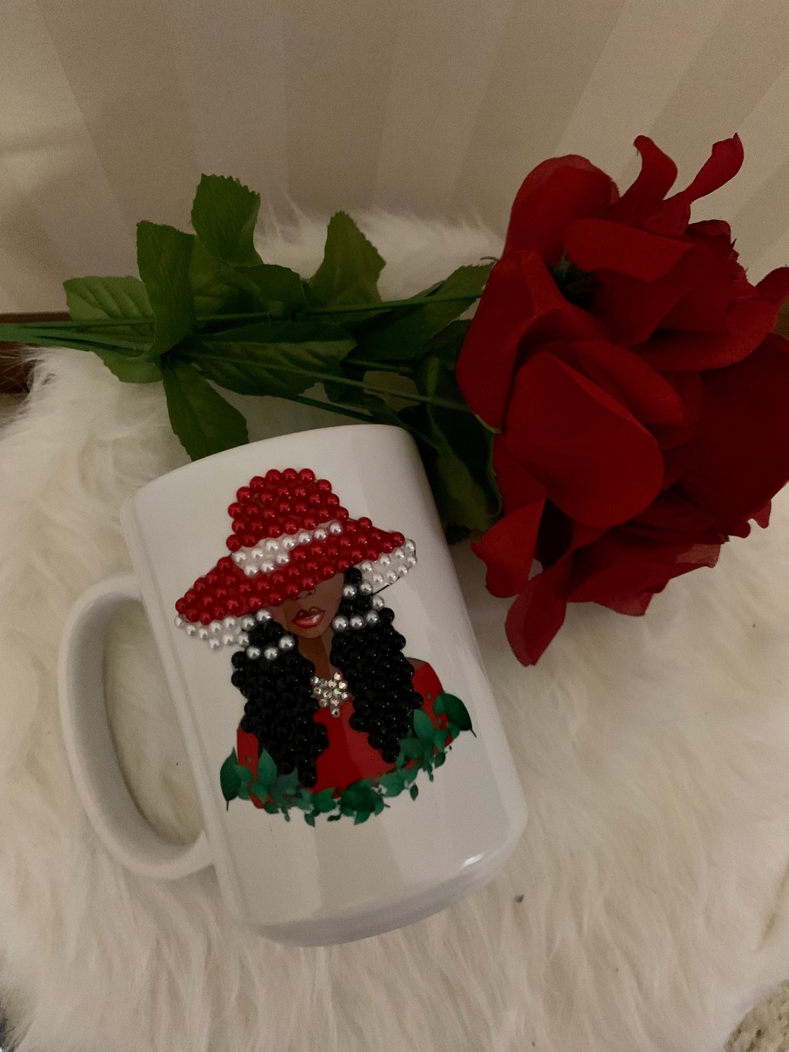 Rhinestone Mug Red Pearl Mug Lady With Hat Mug Delta Sigma - Etsy