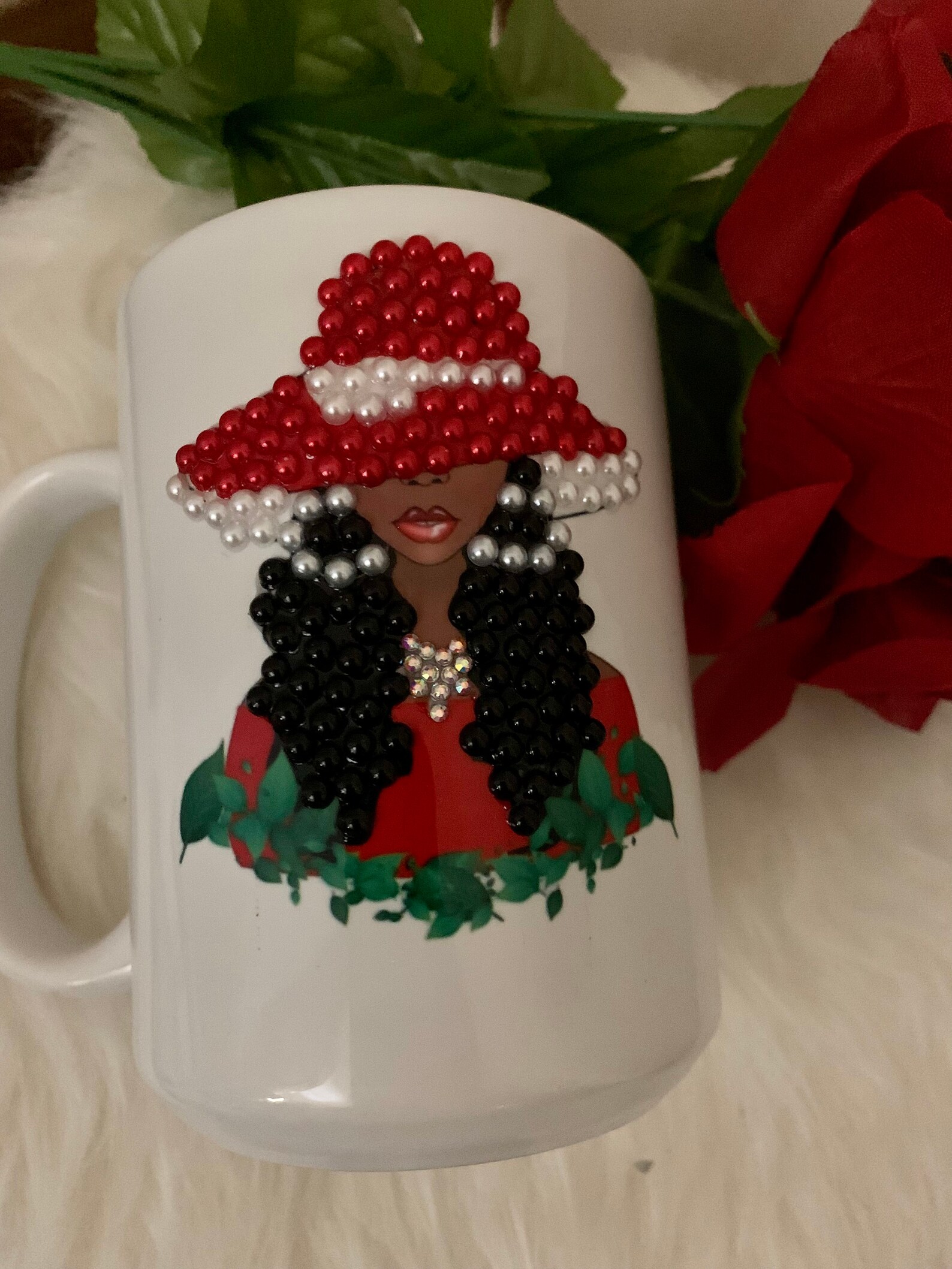 Rhinestone Mug Red Pearl Mug Lady With Hat Mug Delta Sigma - Etsy