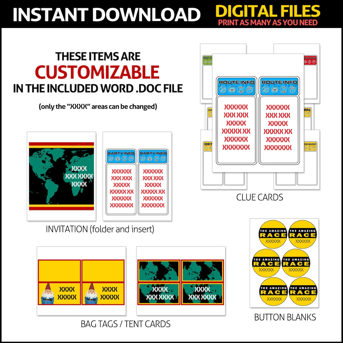 Amazing Race Party Printables - Editable Clue Cards and Invitation ...