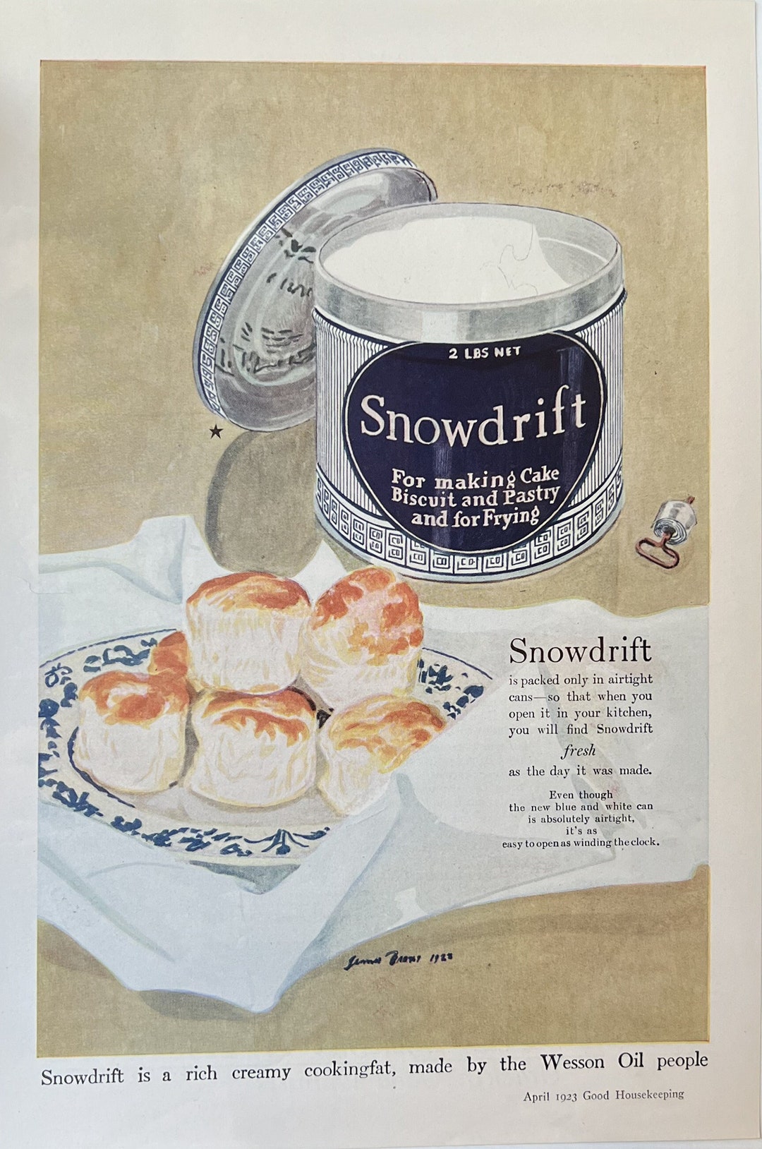 1923 Antique Snowdrift Shortening Advertisement - 9x12 Inches Baking Ad ...