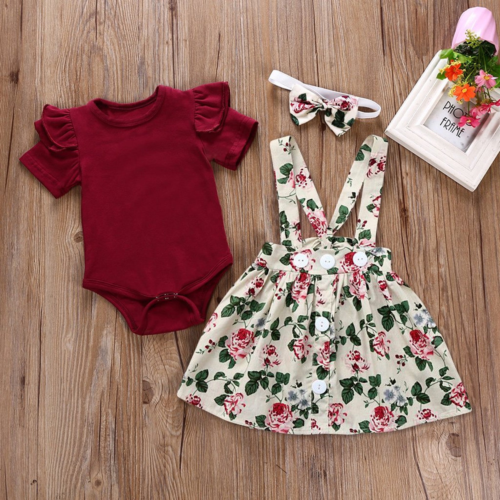 Ruffle Romper Buttons Décor Floral Dress and Headband Set - Etsy