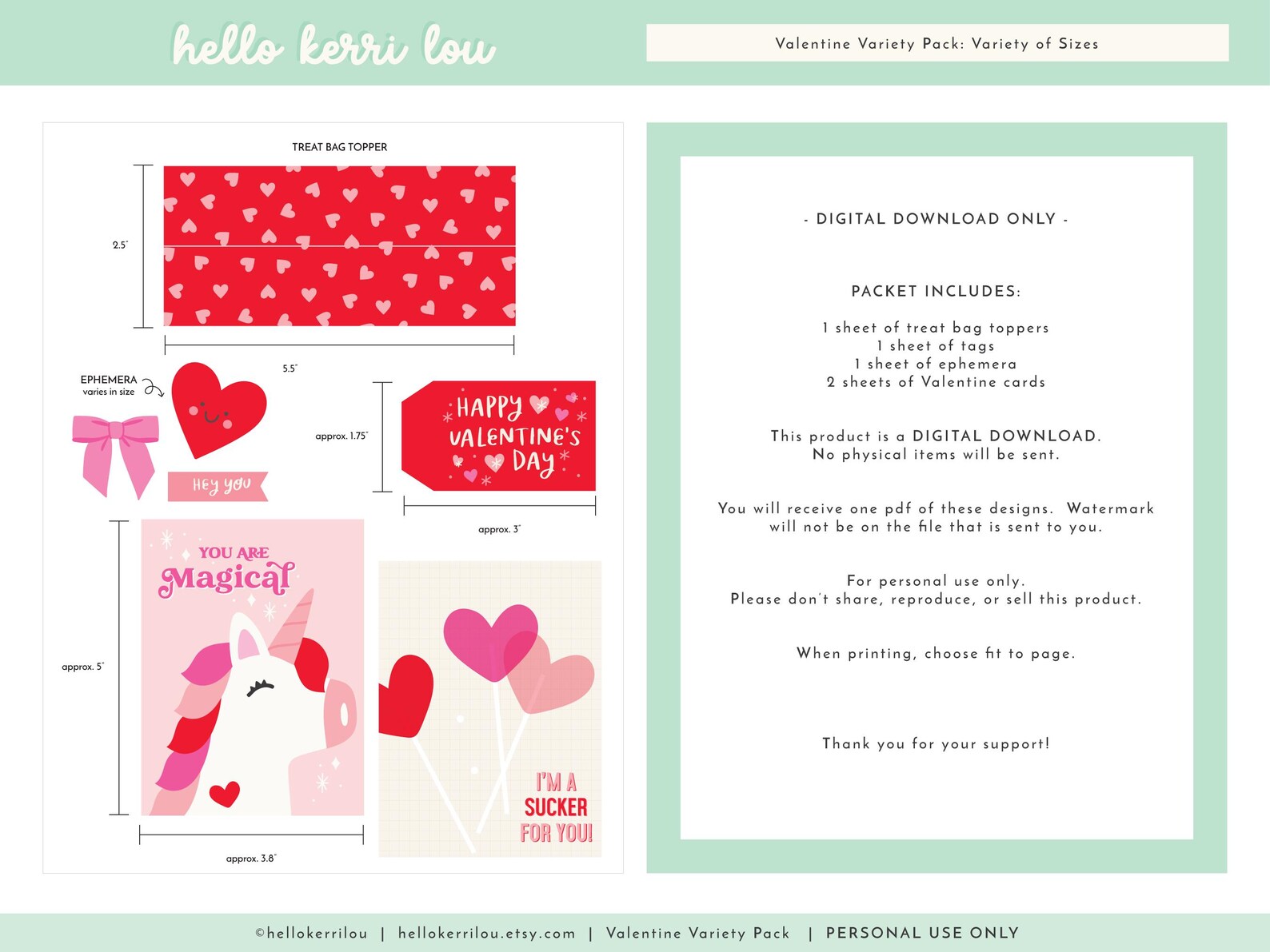 Valentine Variety Pack - Treat Bag Toppers, Treat Bag Tags, Ephemera ...