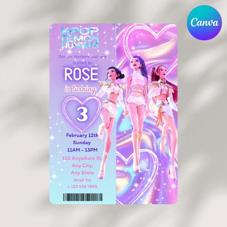 Editable KPOP Demon Hunters Invitation, Canva Birthday Template ...