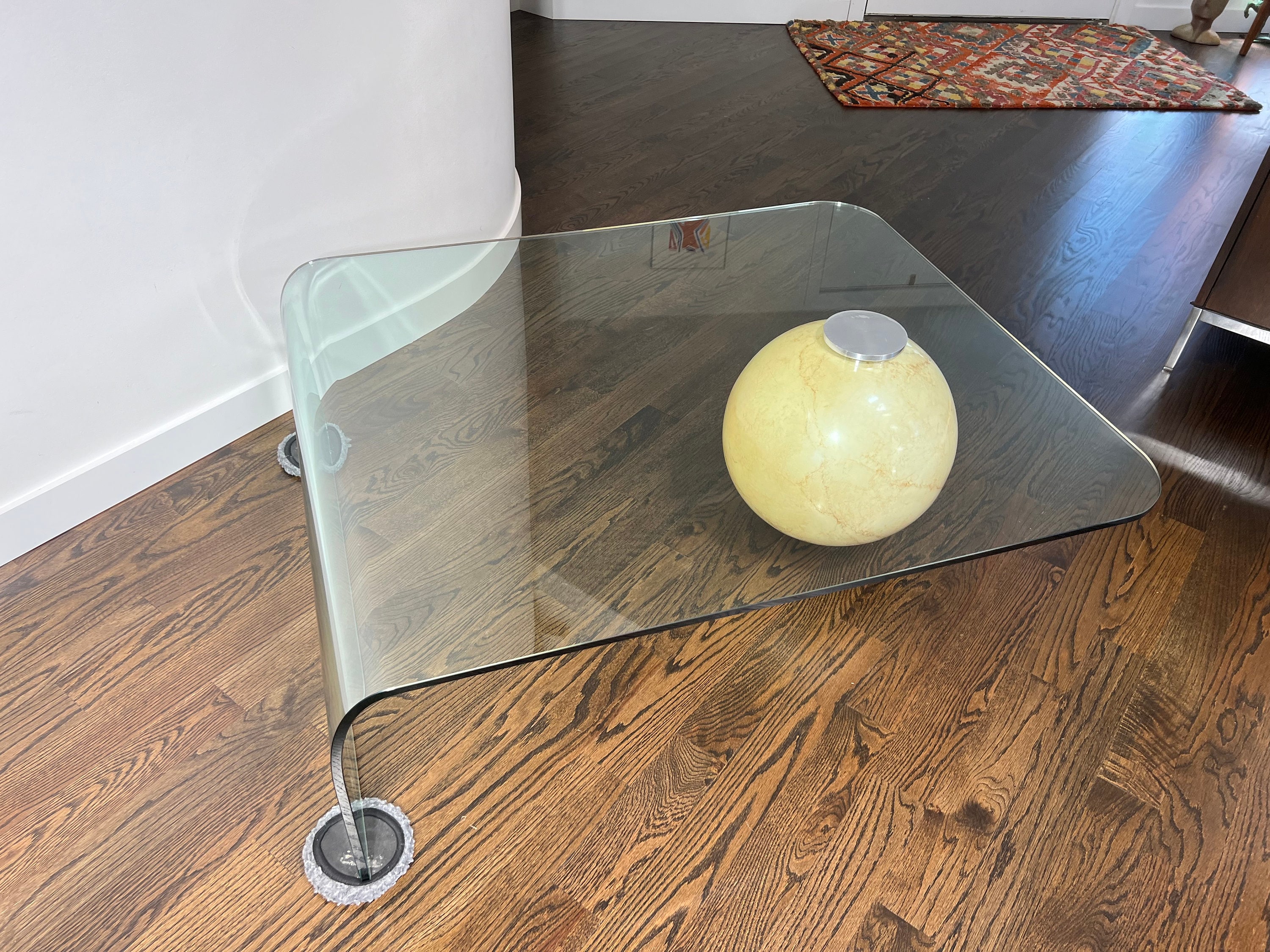 Modern Waterfall Curved Glass Coffee Table Balanced on Marble Faux ...