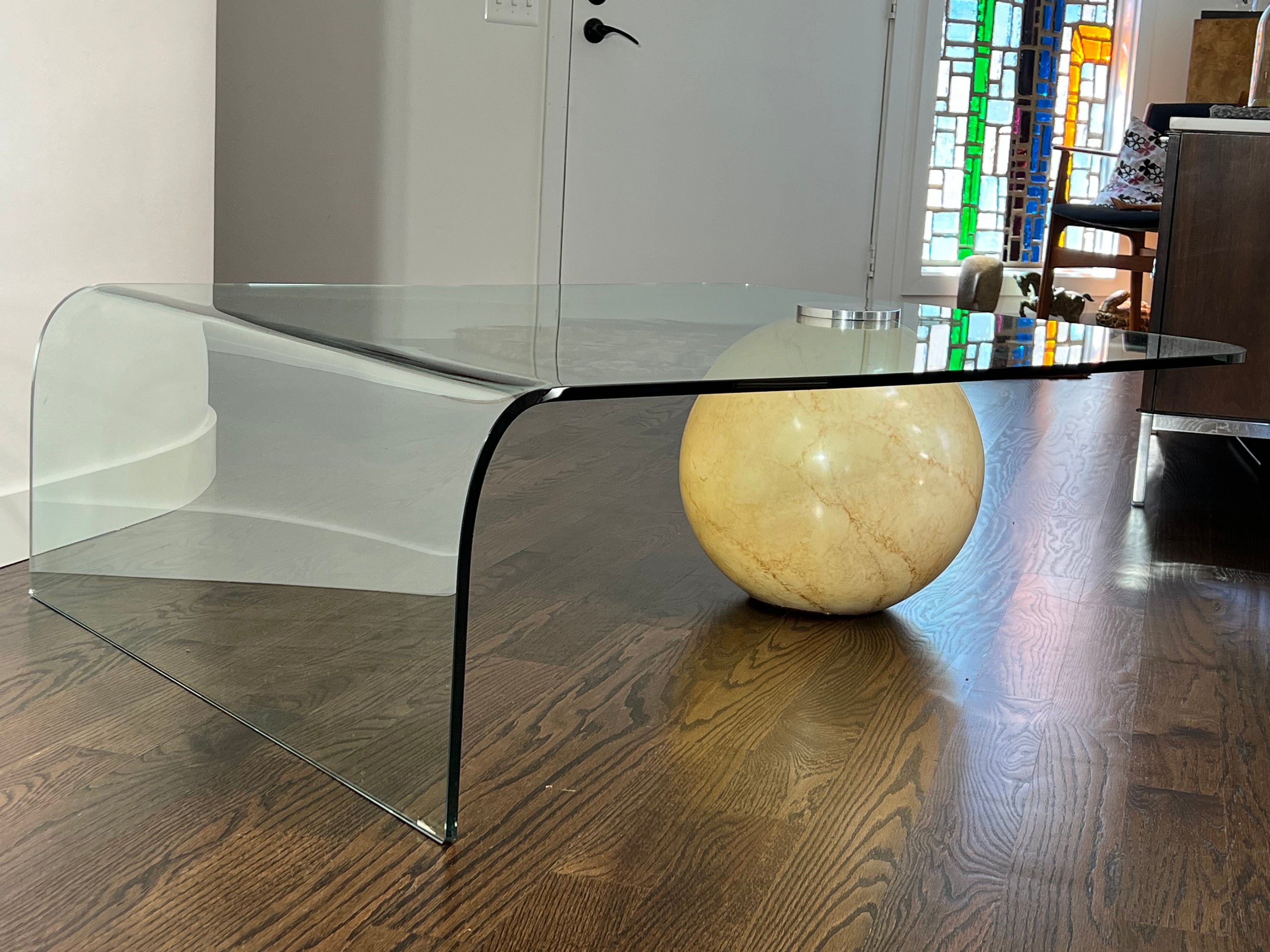 Modern Waterfall Curved Glass Coffee Table Balanced on Marble Faux ...