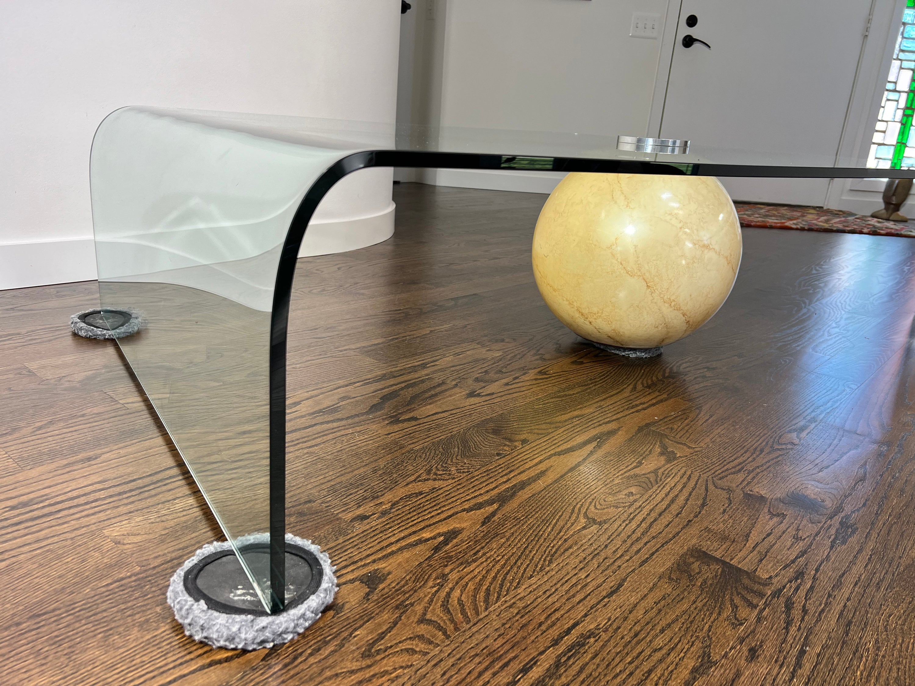 Modern Waterfall Curved Glass Coffee Table Balanced on Marble Faux ...