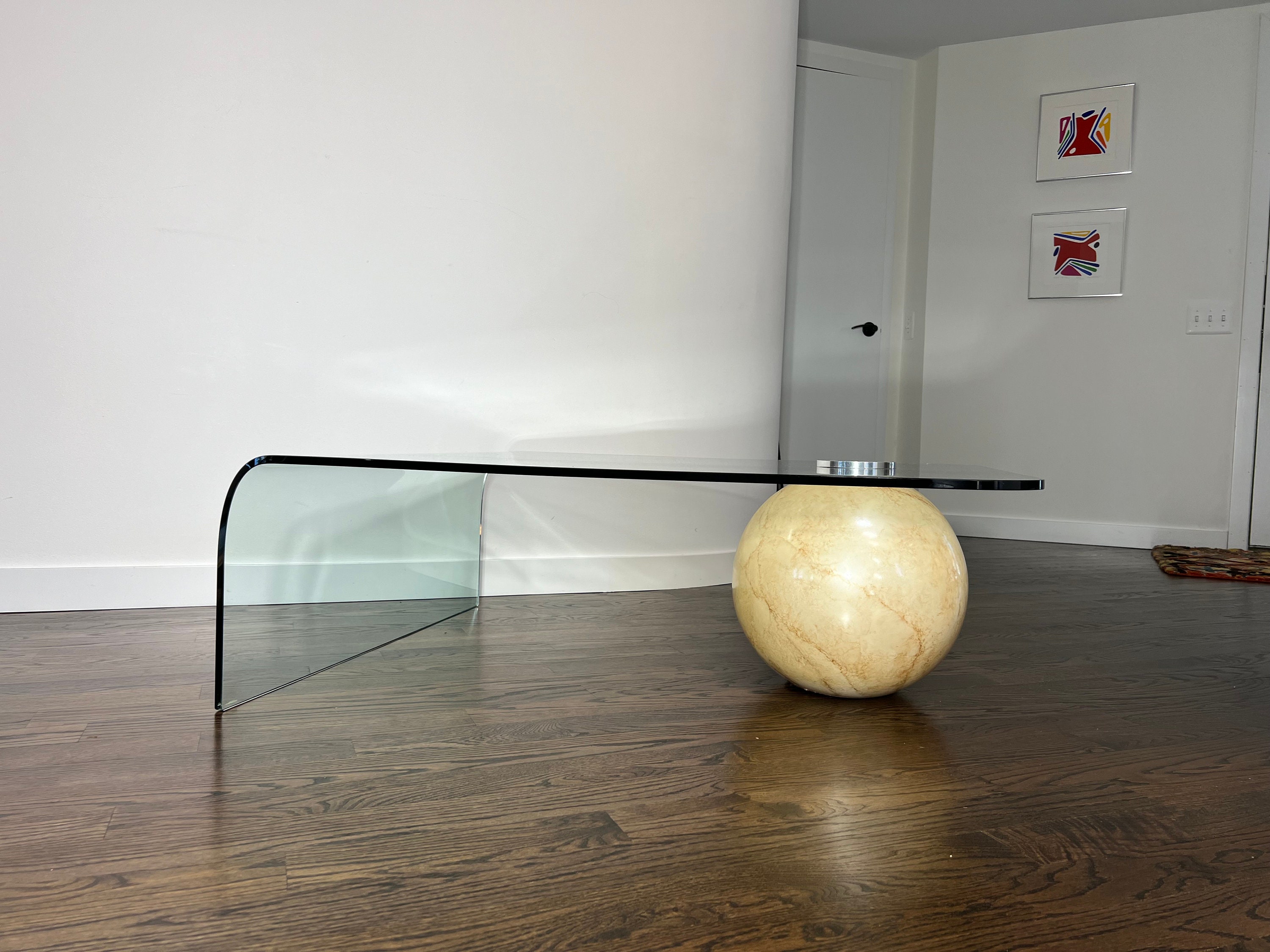 Modern Waterfall Curved Glass Coffee Table Balanced on Marble Faux ...