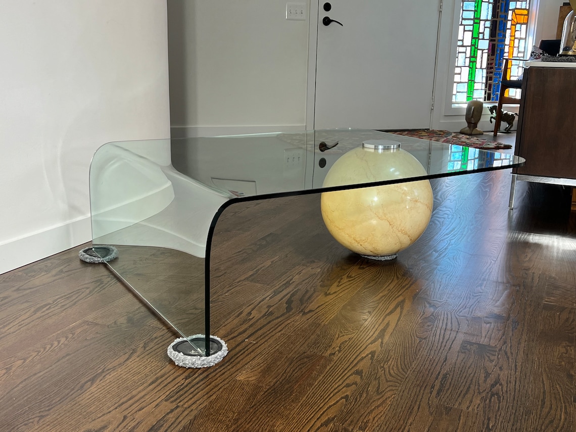 Modern Waterfall Curved Glass Coffee Table Balanced on Marble Faux ...