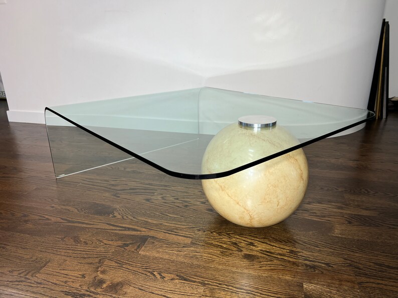 Modern Waterfall Curved Glass Coffee Table Balanced on Marble Faux ...