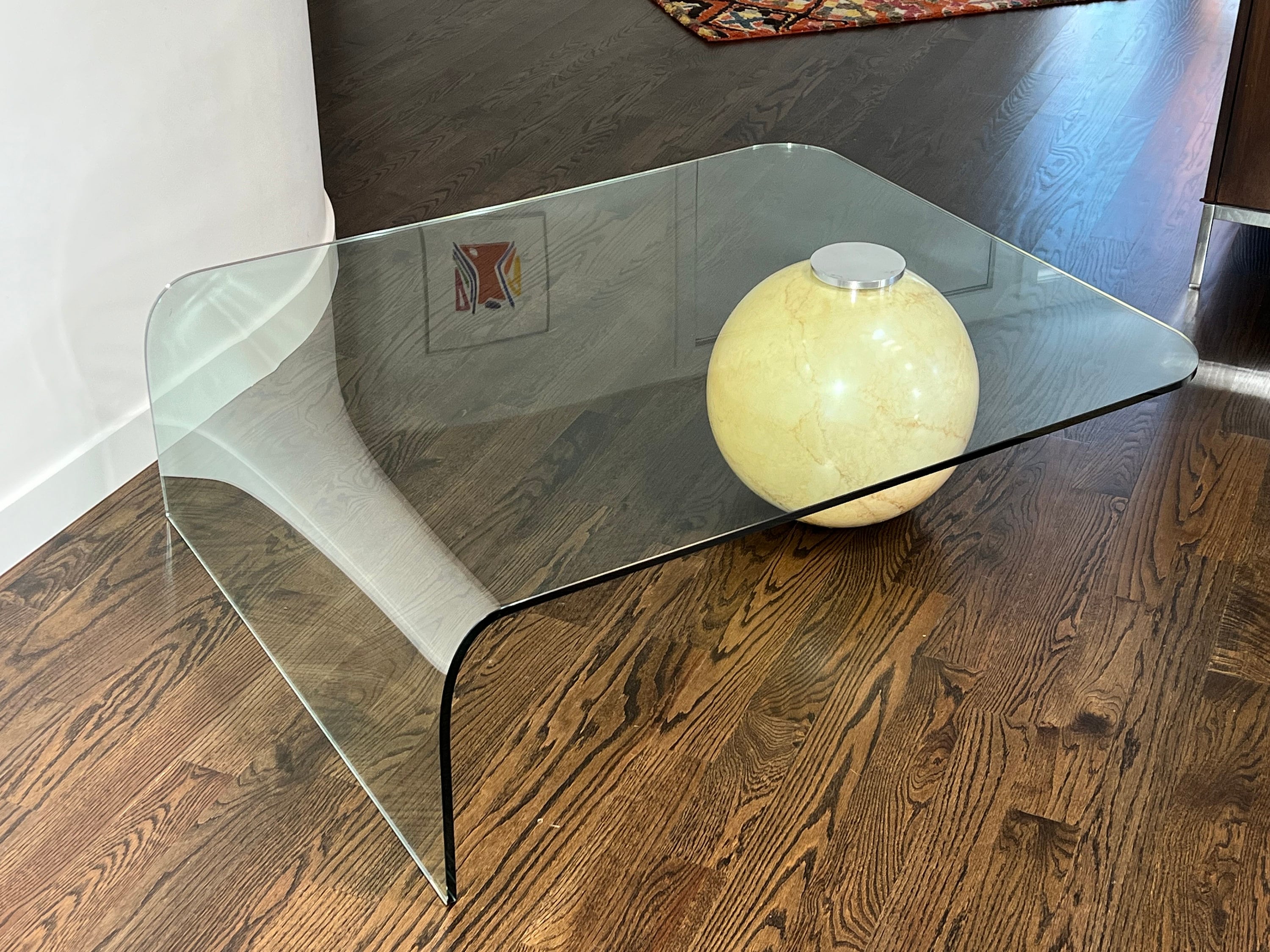 Modern Waterfall Curved Glass Coffee Table Balanced on Marble Faux ...