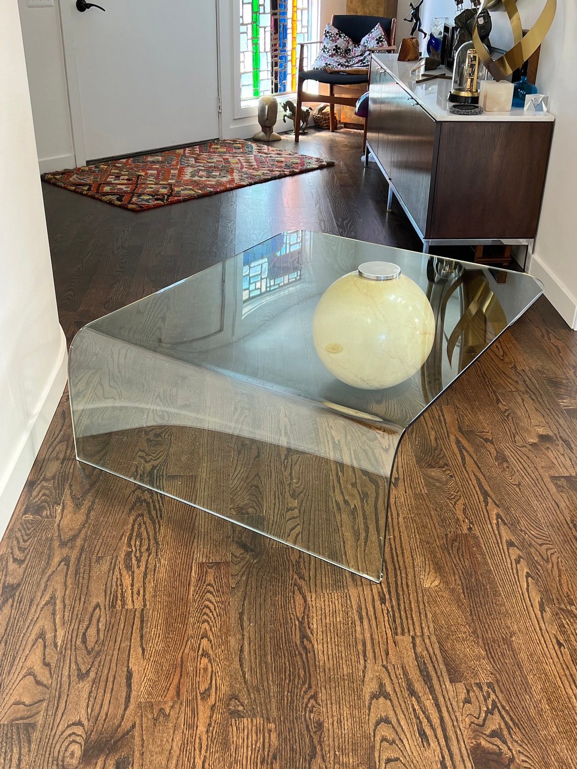 Modern Waterfall Curved Glass Coffee Table Balanced on Marble Faux ...
