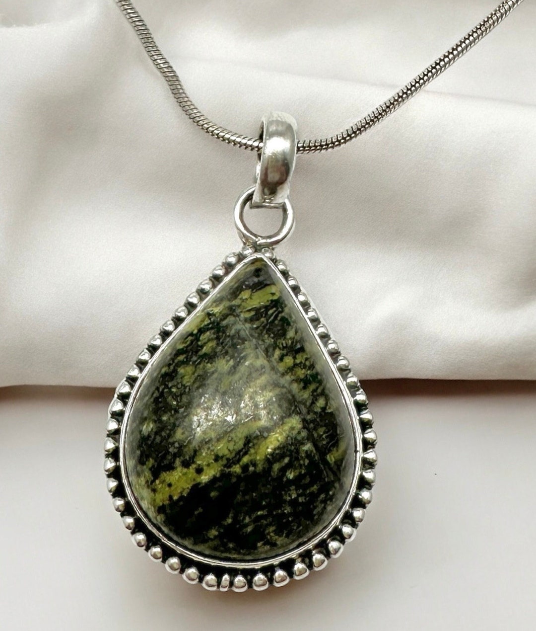 Vintage Forest Green Jasper Sterling Silver Necklace, Teardrop Pendant ...