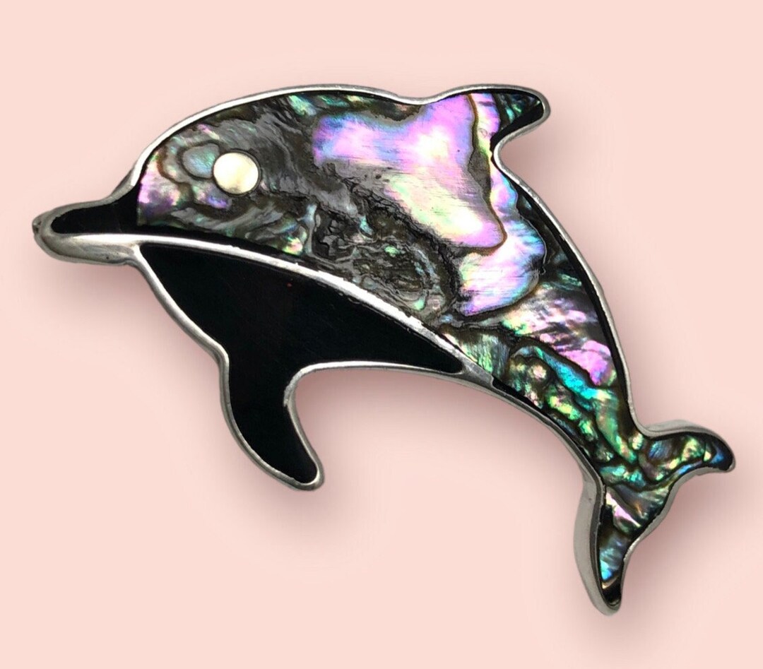 Vintage Sterling Silver Dolphin Pin, Abalone Onyx Pin, Abalone Black ...