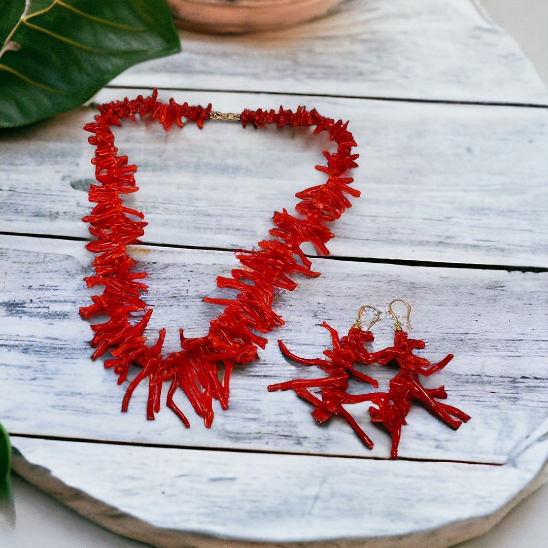 Vintage Branch Coral Necklace and Earrings Set, Dark Pink Salmon Coral ...