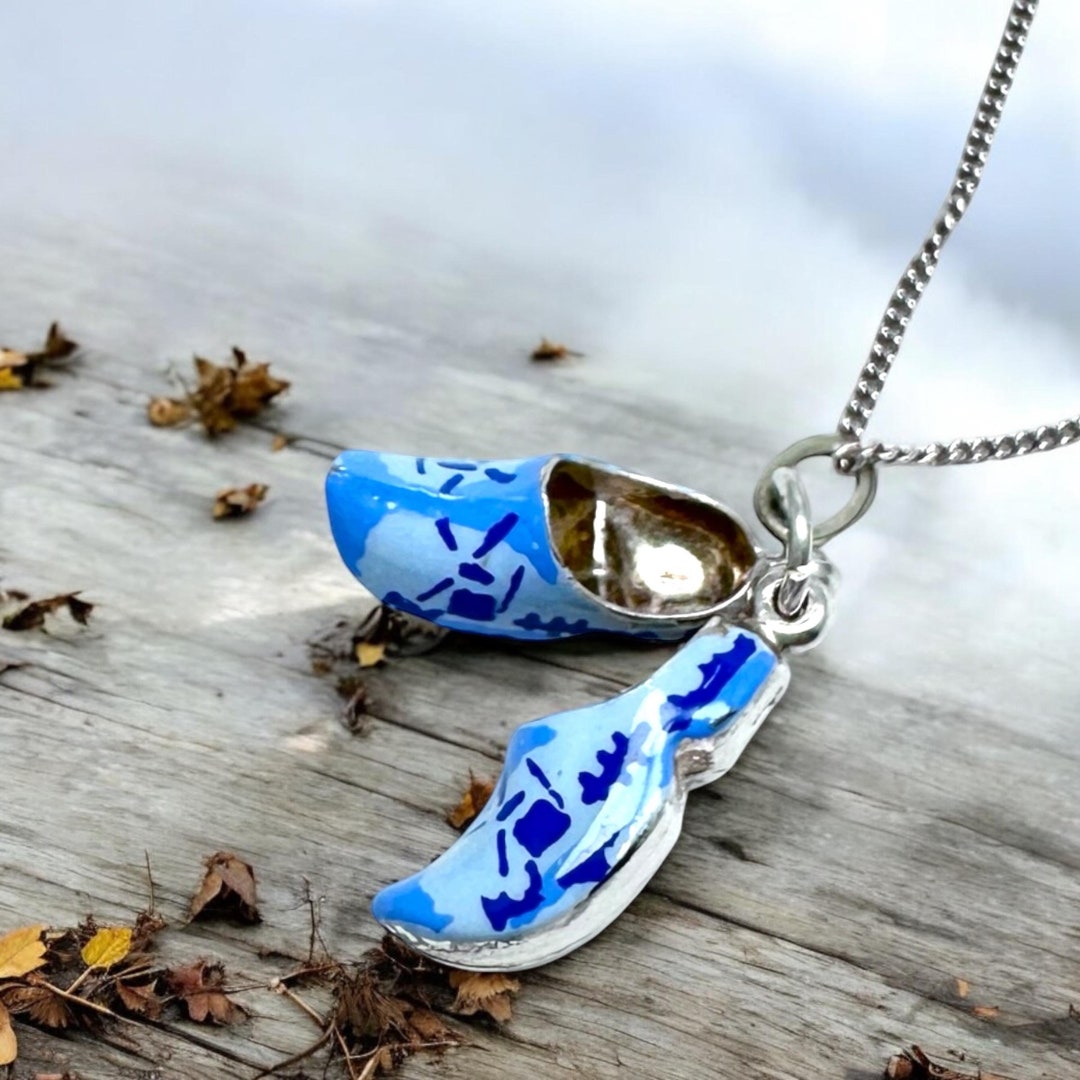 Vintage Dutch Clogs Charm/pendant Necklace, Sterling Silver Blue Enamel ...