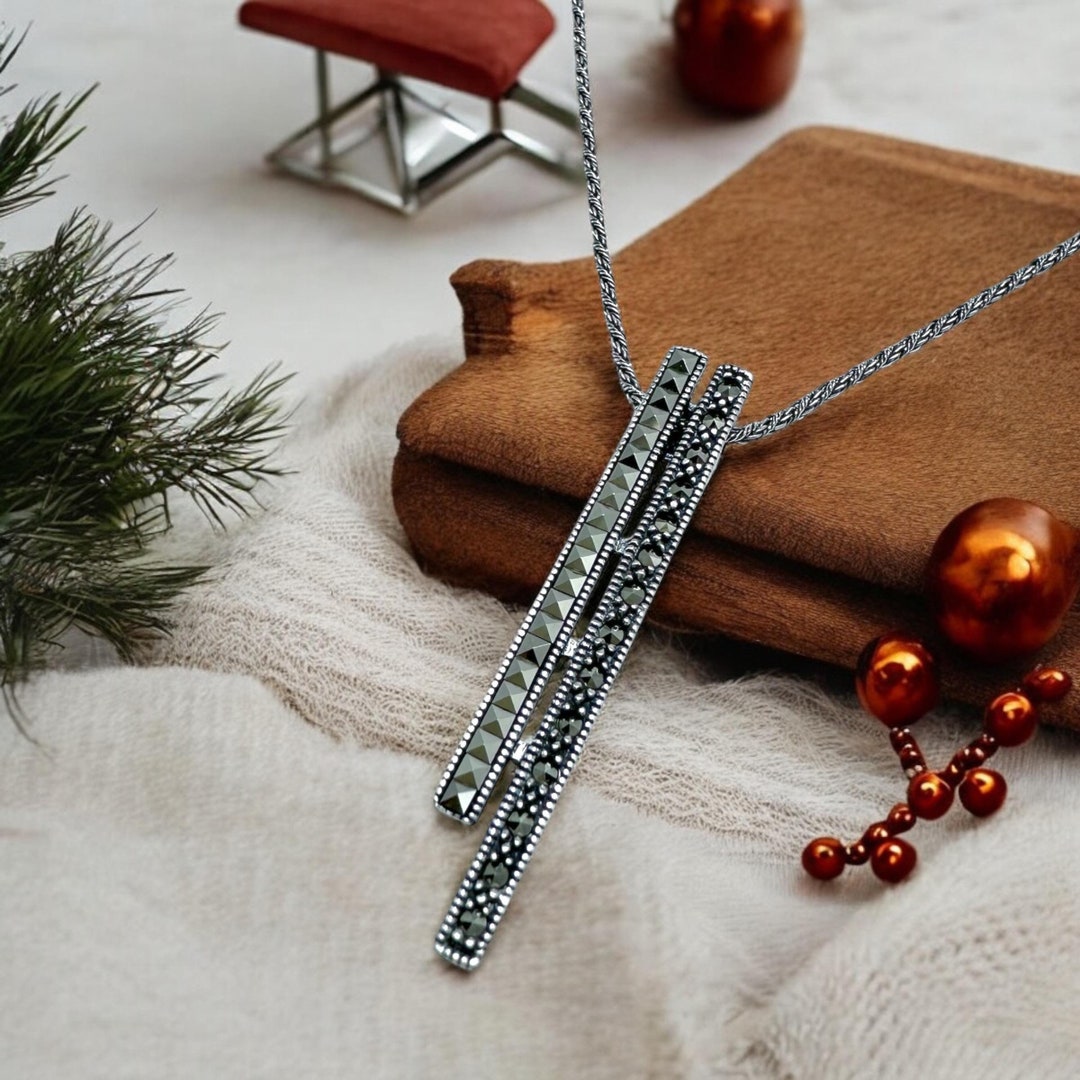 Vintage Judith Jack Marcasite Double Bar Necklace, Sterling Silver ...