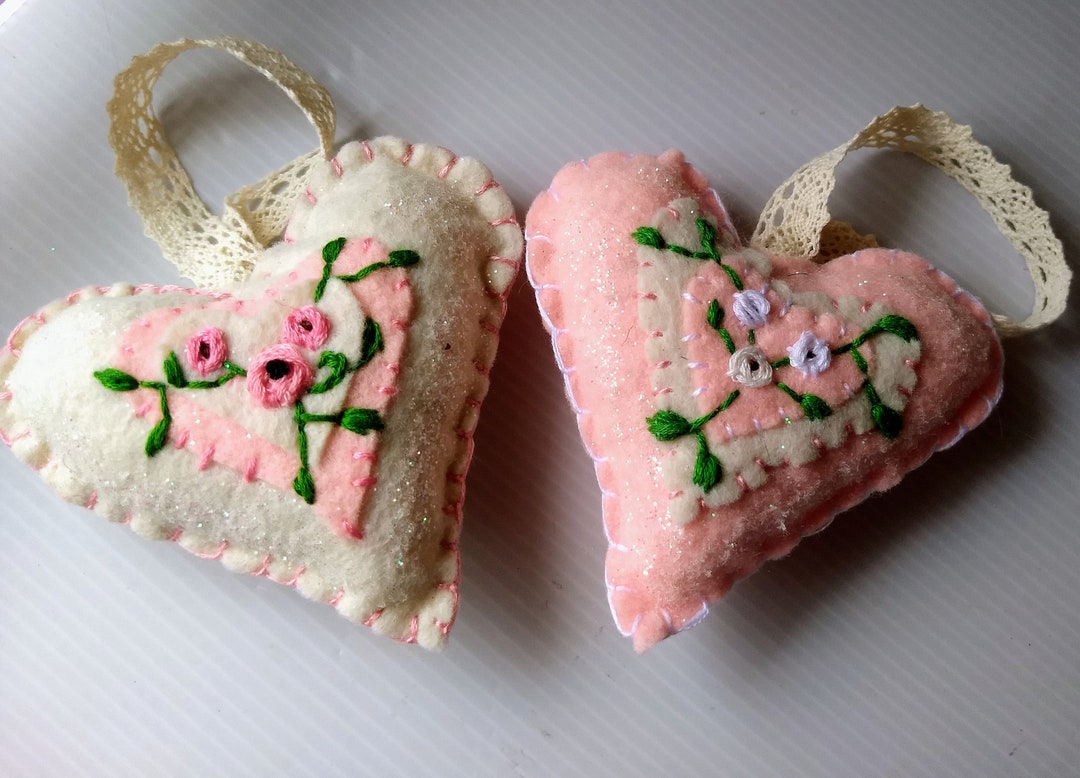 Embroidered Felt Spring Easter Heart Ornaments: Pink English Garden Set ...