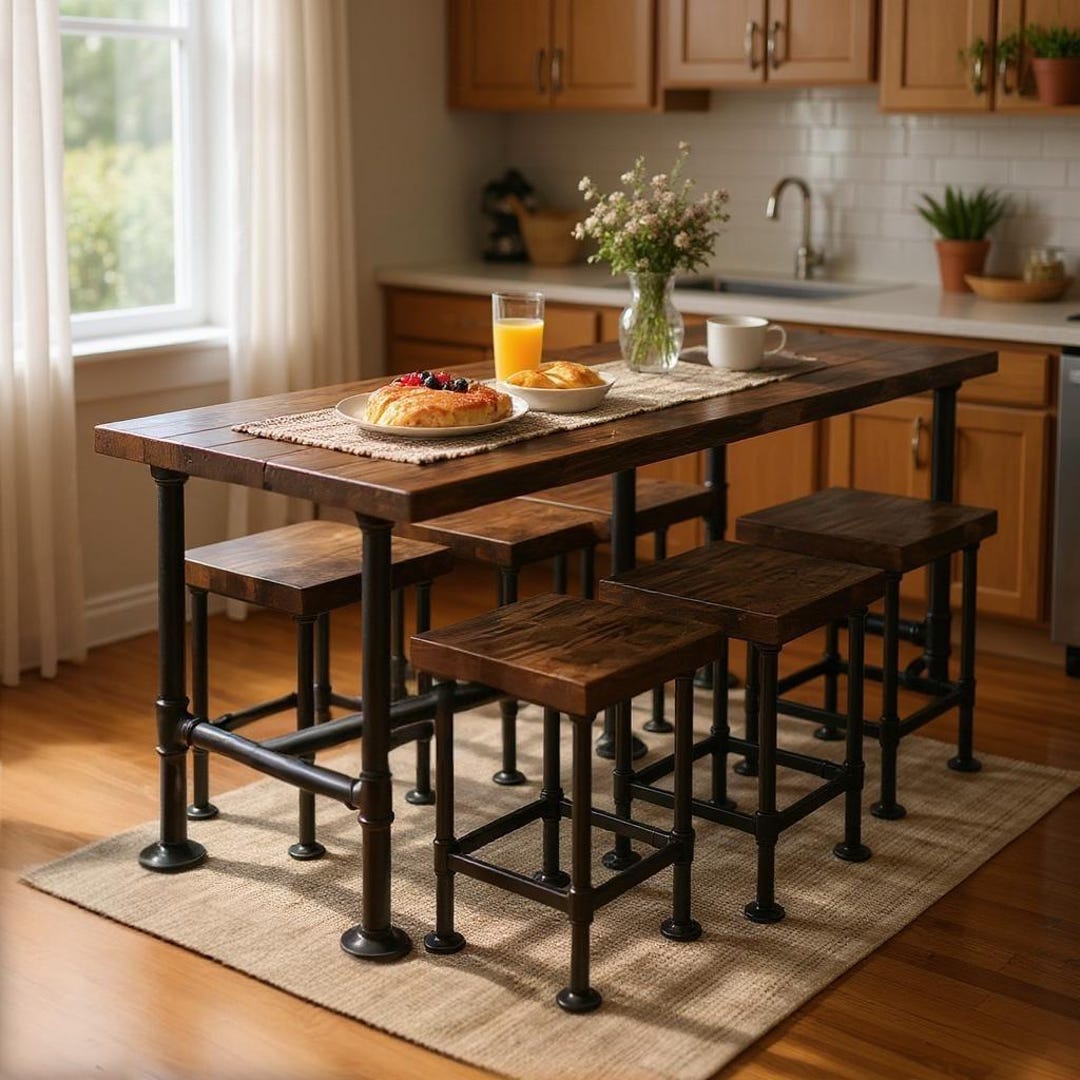 Bar Table and Bar Stools Set, Rustic Wood and Steel Pipe, Industrial ...