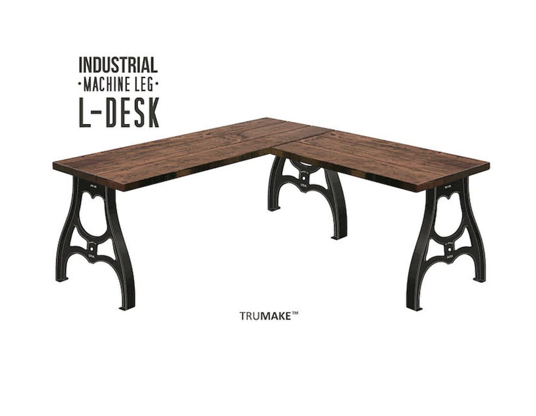 VINTAGE STYLE L-DESK, Industrial Machine Leg Style Wood Steel L-shaped ...